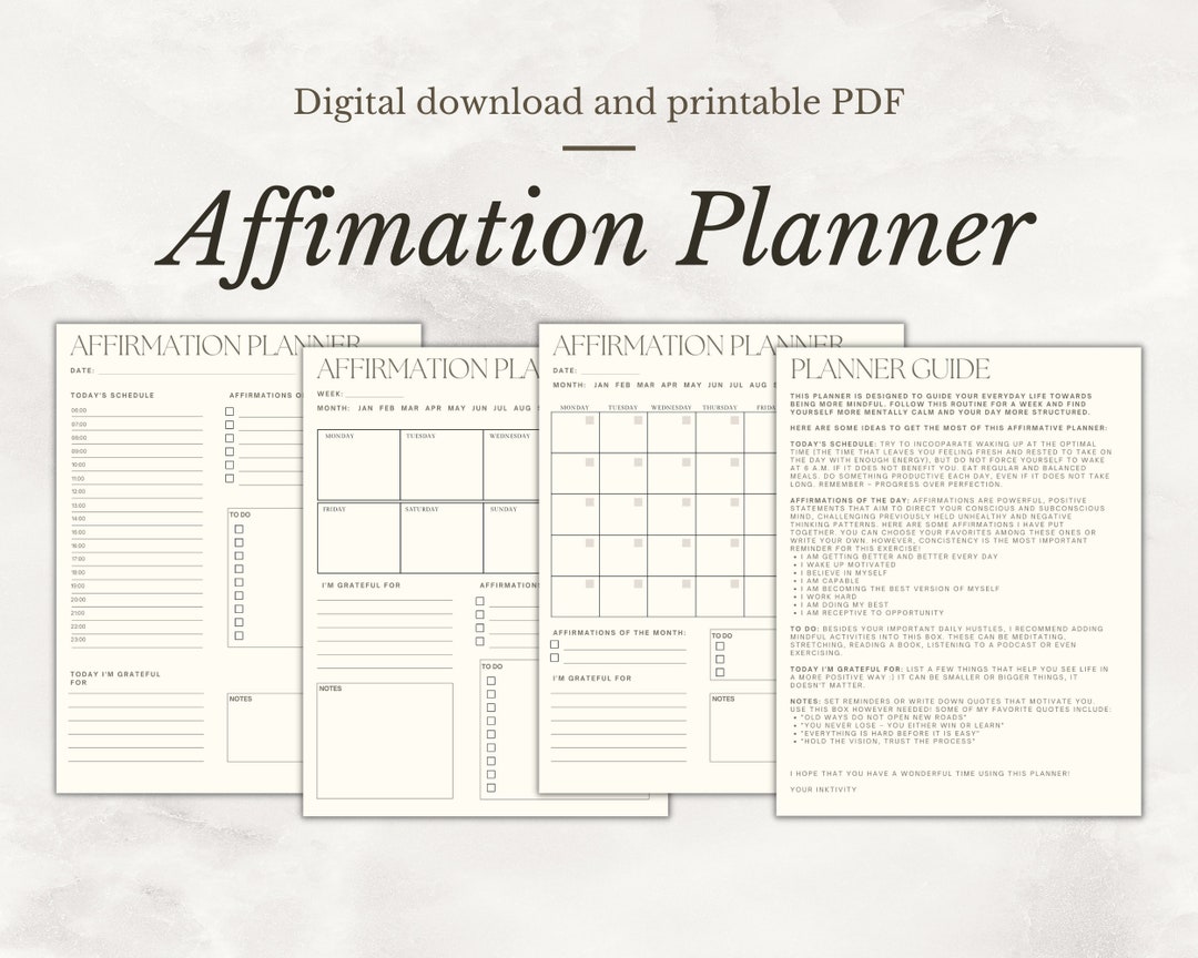 Affirmation Planner, Undated Digital Planner, Mindfulness, Minimalist ...