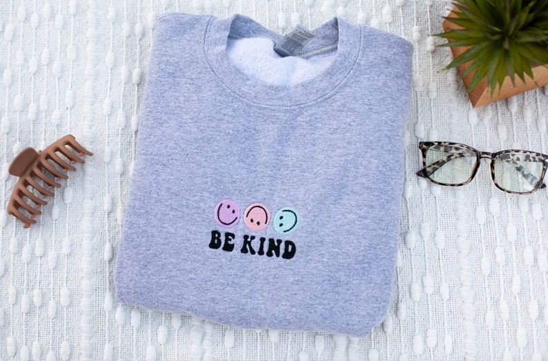 Be Kind Embroidered Crewneck - Trendy Crewneck, Embroidery Sweatshirt ...