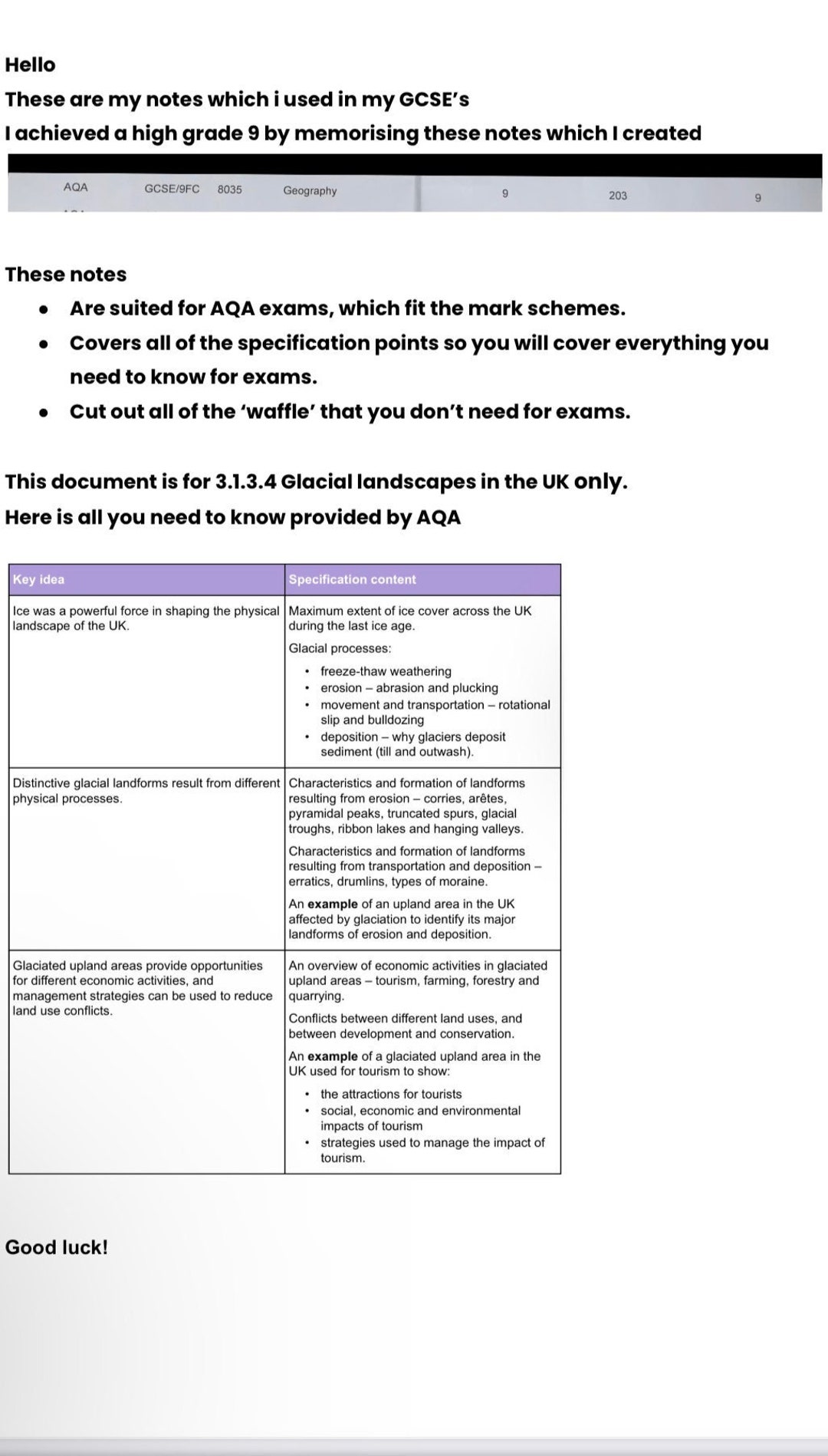 AQA Grade 9 Gcse Geography Notes (glaciers) - Etsy