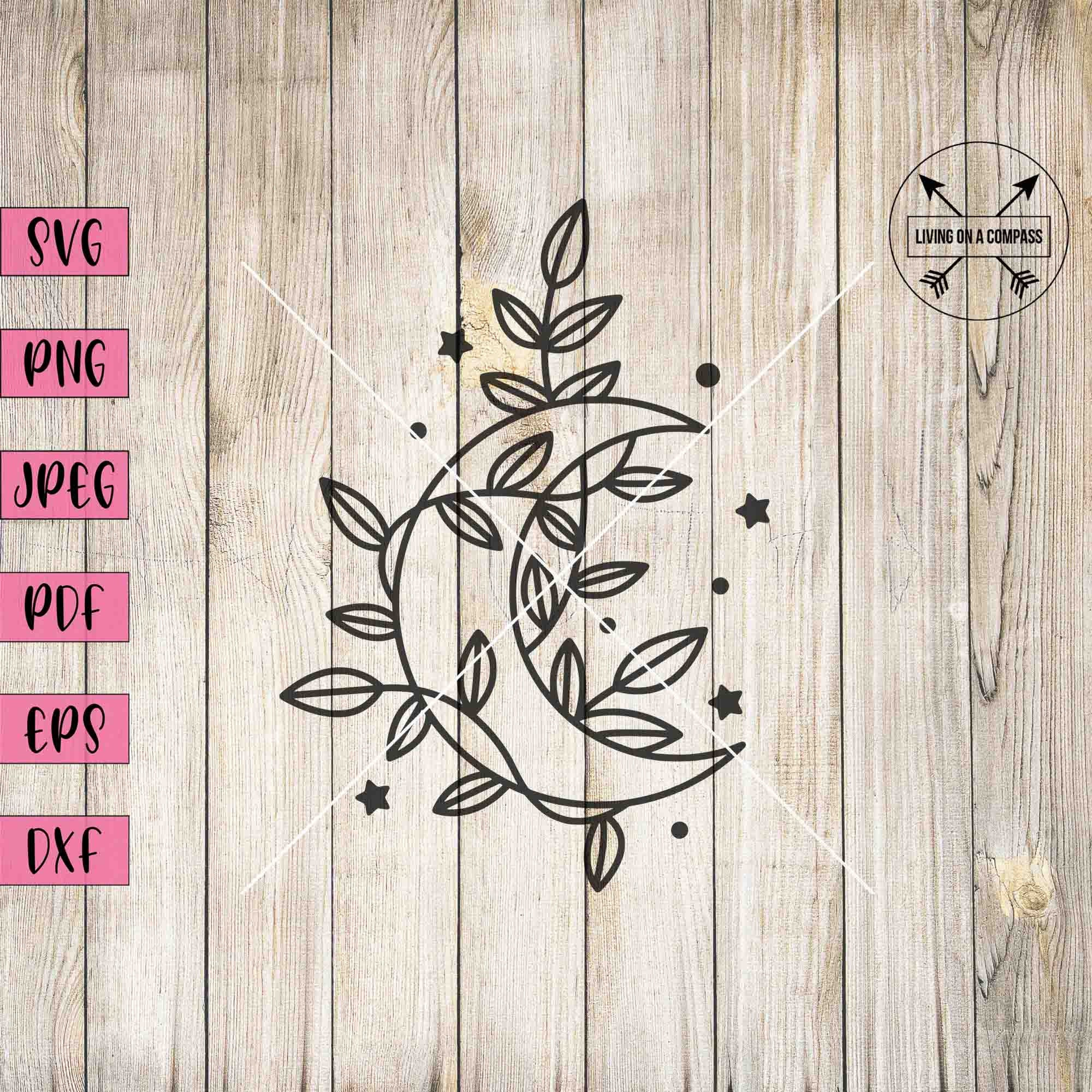 Leafy Moon Svg, Crescent Moon Svg, Boho Png, Boho Wall Decor, Hand Svg ...