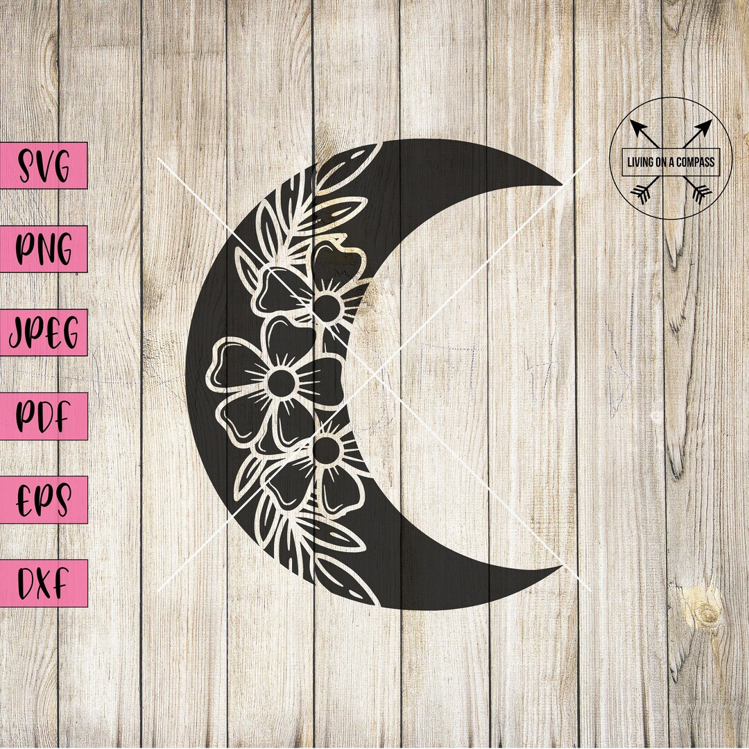 Floral Crescent Moon Svg, Moon, Moon Clipart, Moon and Flowers Svg ...