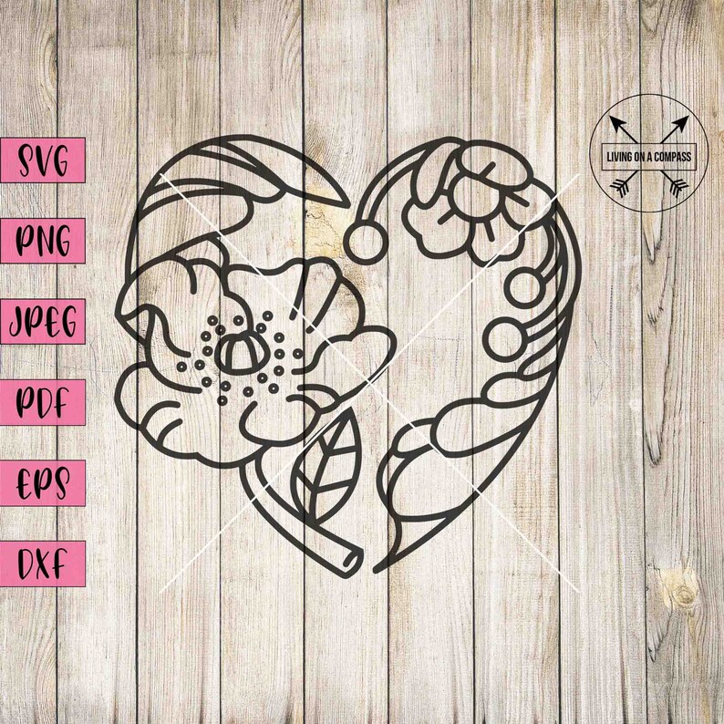 Heart Flower Svg, Floral Heart Svg, Heart Clipart, Heart Decal ...