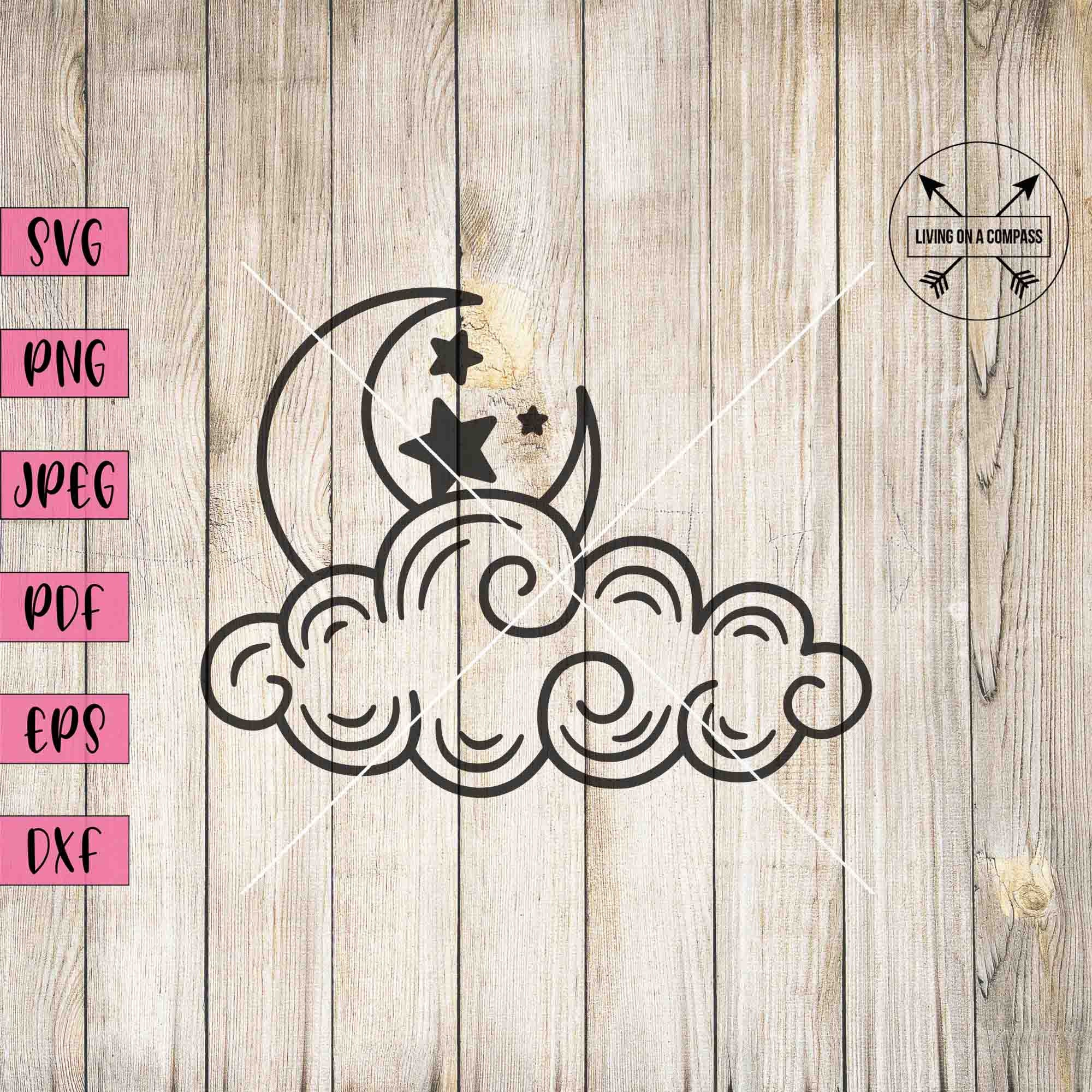 Moon and Clouds Svg, Cloud Svg, Crescent Moon Svg, Cloud Clipart, Cloud ...