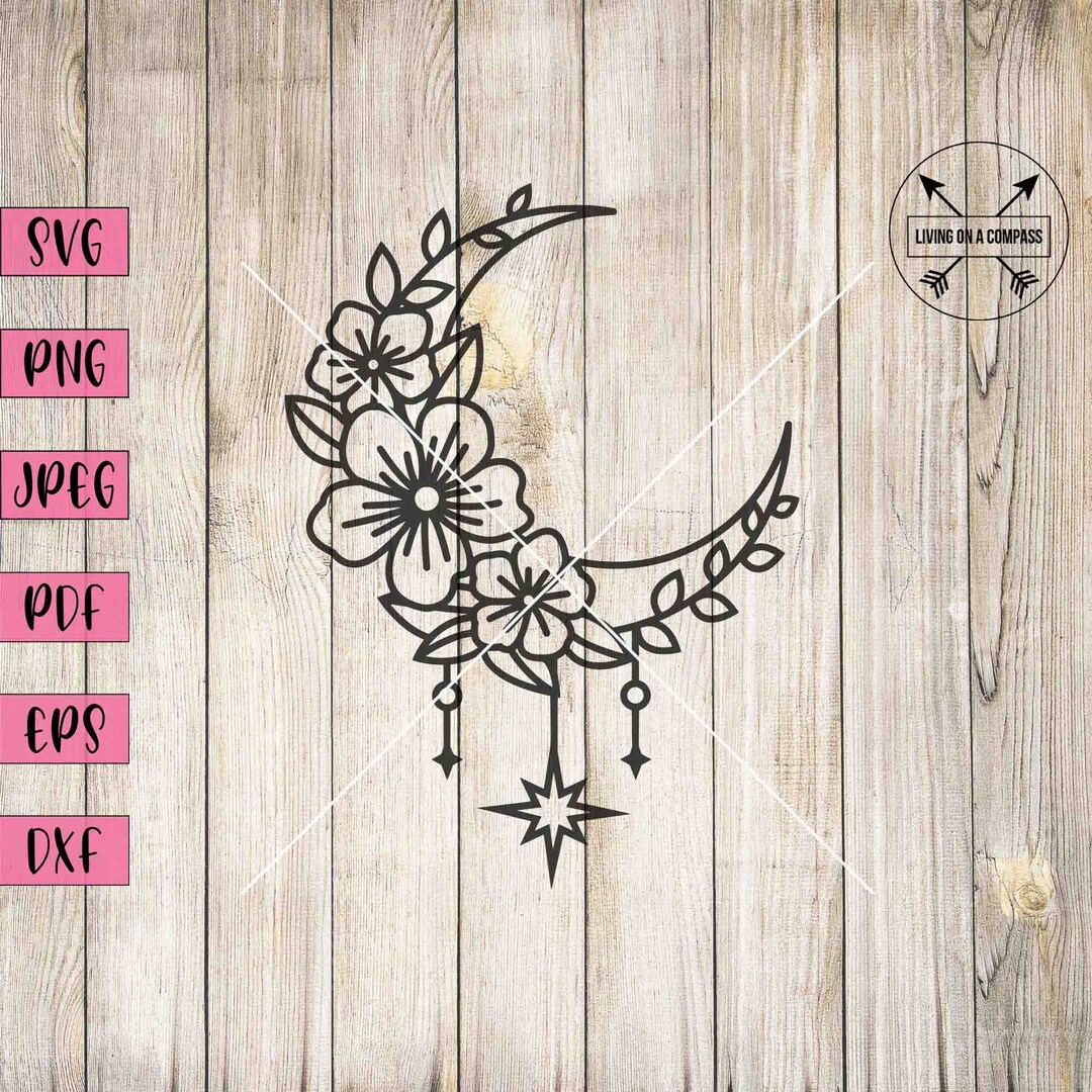 Floral Moon Svg, Crescent Moon Svg, Moon Svg, Moon Png, Moon Art Print ...