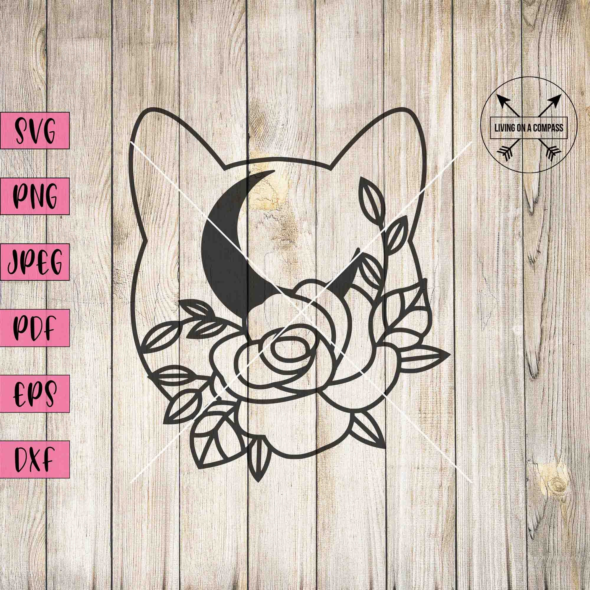 Cat Moon Svg, Floral Cat, Cat Clipart, Cat Wall Art, Cat Sticker, Cat ...