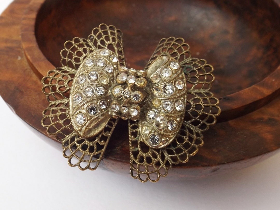 1920s Art Deco Bow Brooch Pin, Brass Rhinestone Bow Brooch Pin, Art ...