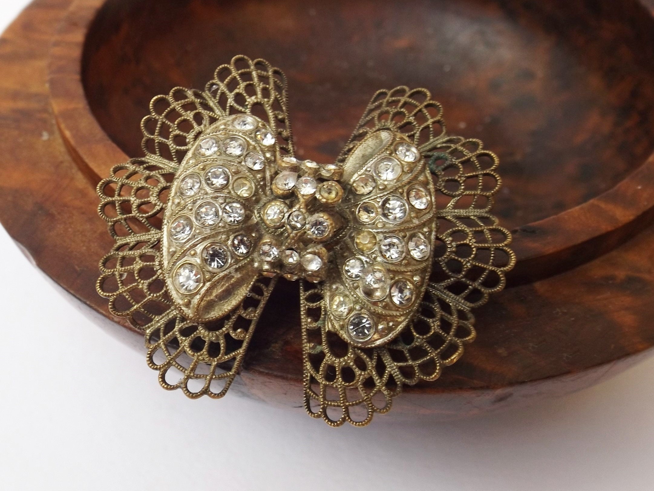 1920s Art Deco Bow Brooch Pin, Brass Rhinestone Bow Brooch Pin, Art ...