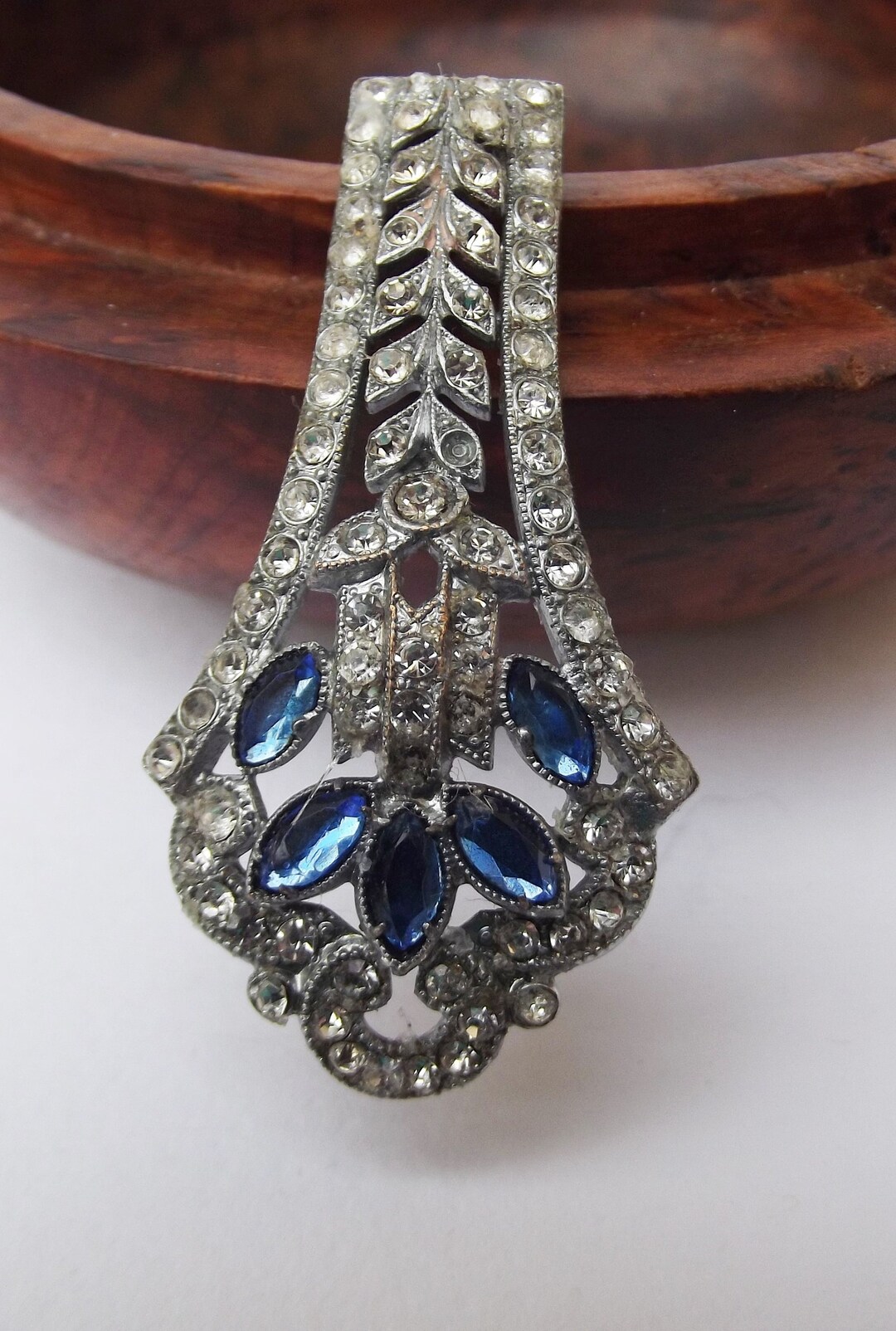 1920s Art Deco Dress Clip, Blue Clear Rhinestone Dress Clip, Antique ...