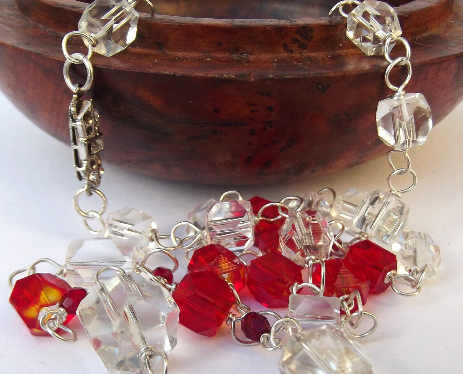 1930s Art Deco Red Clear Crystal Necklace, Crystal 1930s Necklace, Art ...