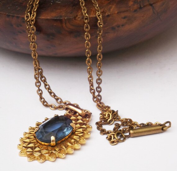 1940s blue crystal sunray pendant, vintage brass crys… - Gem