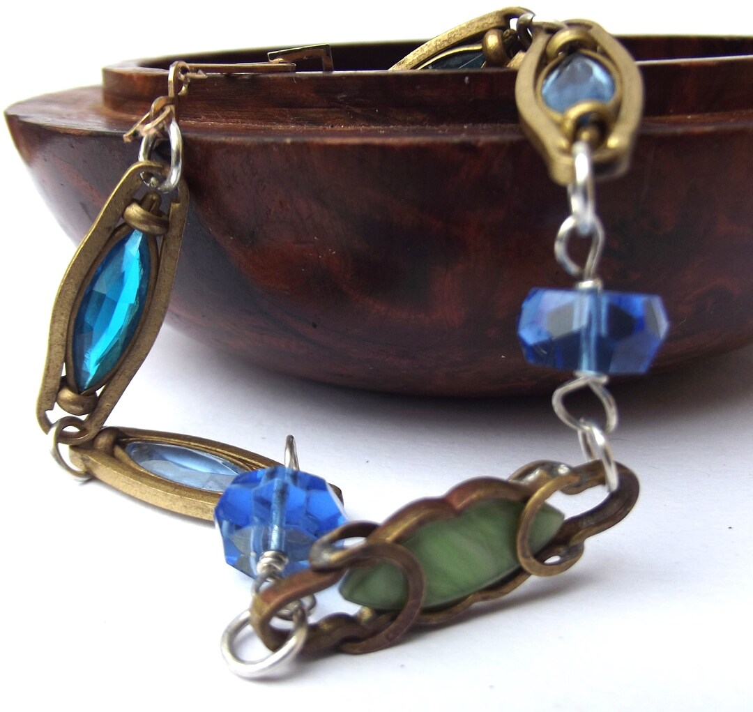 1920s Art Deco Blue Glass Watch Fob Bracelet, Blue Glass Art Deco ...