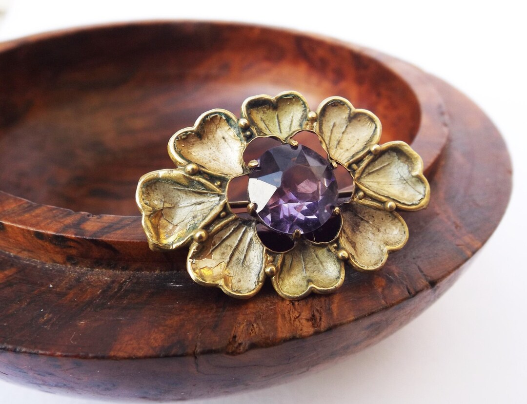 1930s Art Deco Flower Purple Glass Brooch, Flower Glass Stone Brooch ...