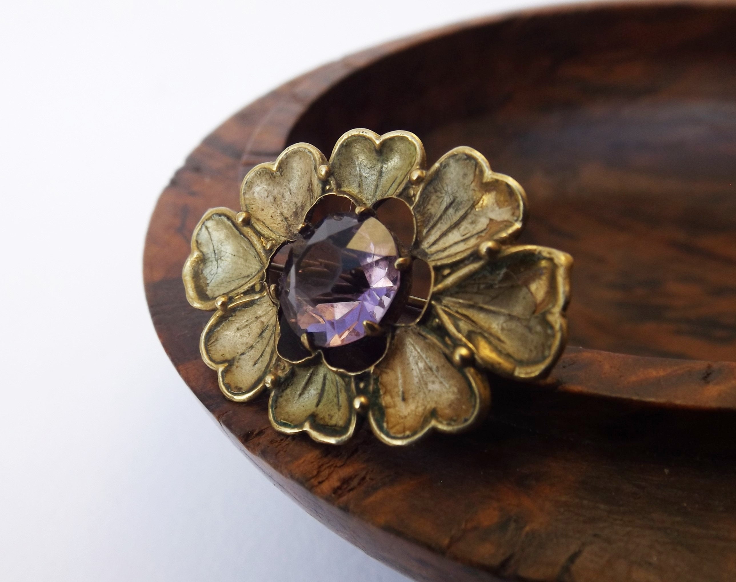 1930s Art Deco Flower Purple Glass Brooch, Flower Glass Stone Brooch ...