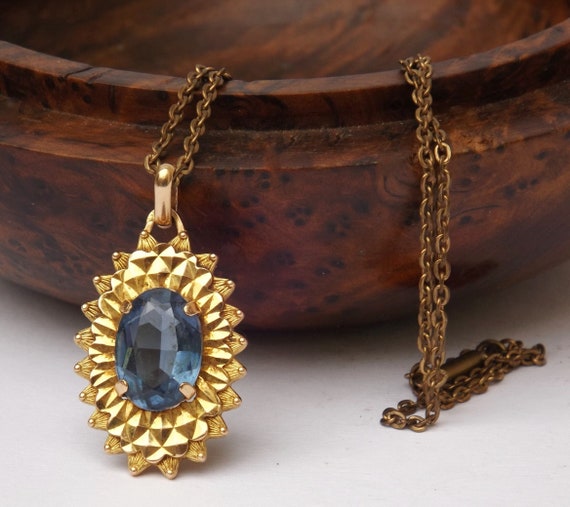 1940s Blue Crystal Pendant: Vintage Brass Sunray Neck… - Gem