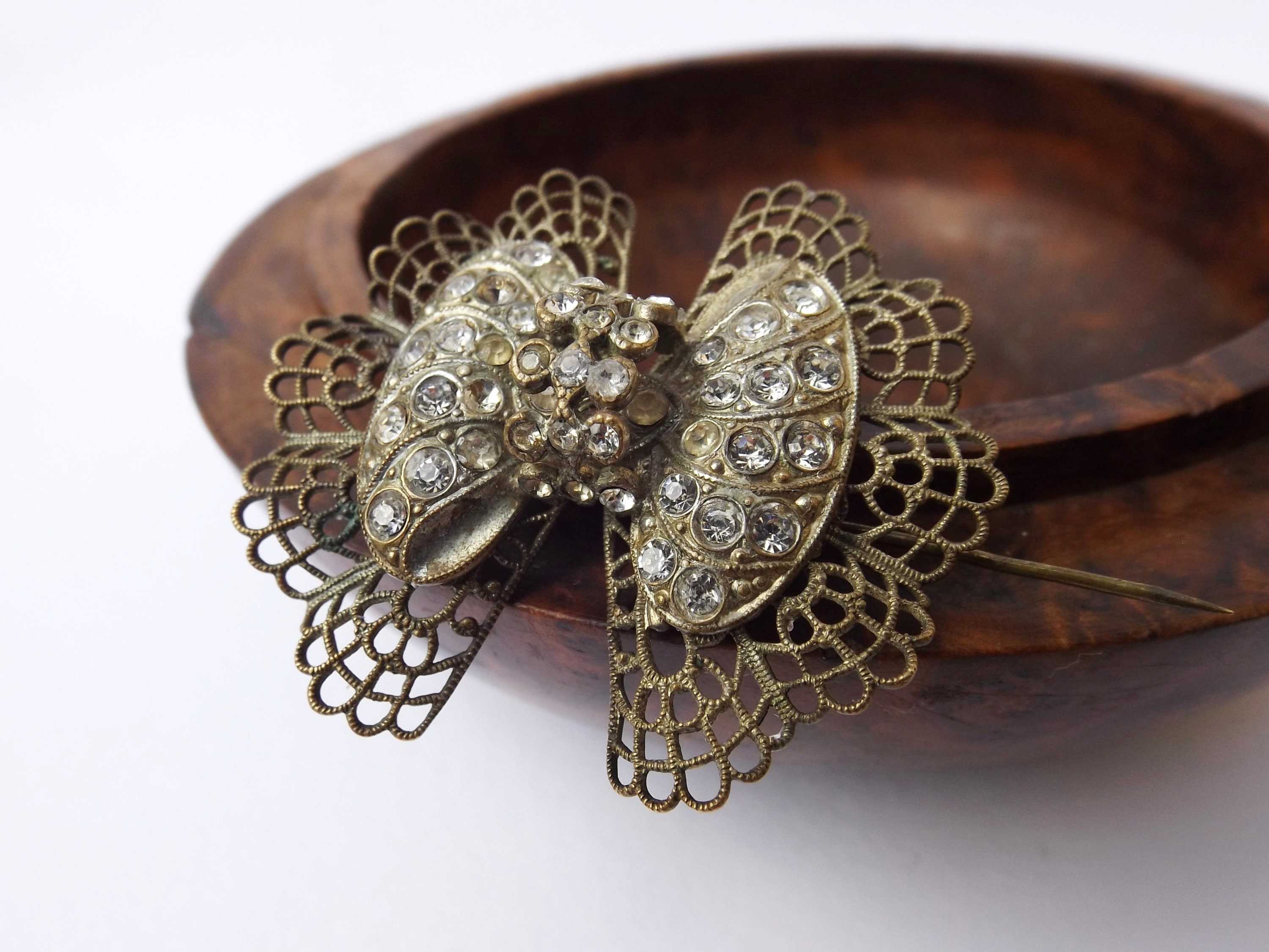 1920s Art Deco Bow Brooch Pin, Brass Rhinestone Bow Brooch Pin, Art ...