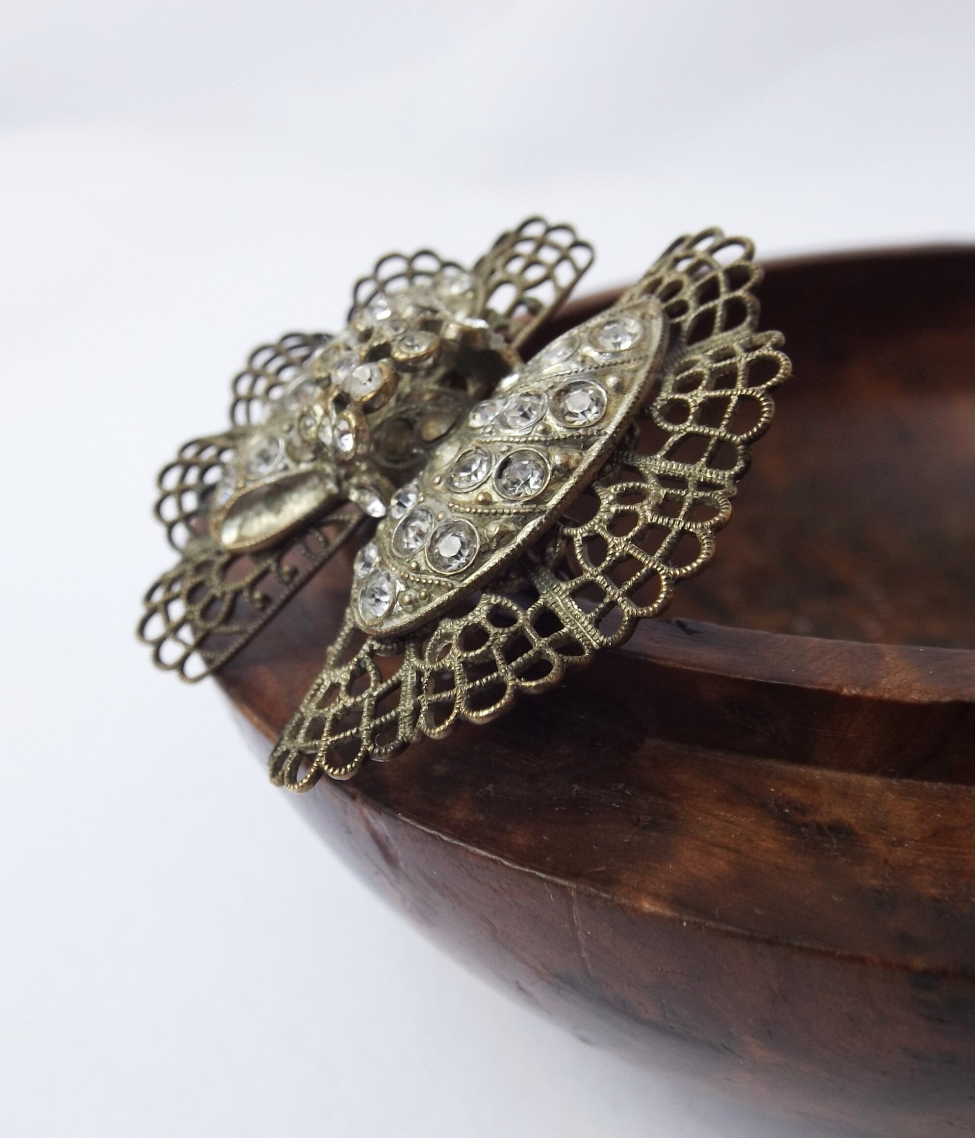 1920s Art Deco Bow Brooch Pin, Brass Rhinestone Bow Brooch Pin, Art ...