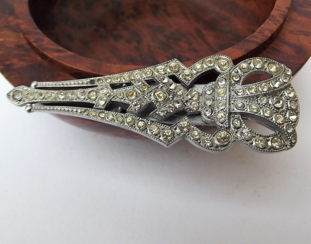 1930s Art Deco Impressive Dress Clip, Long Large Rhinestone Dress Clip ...