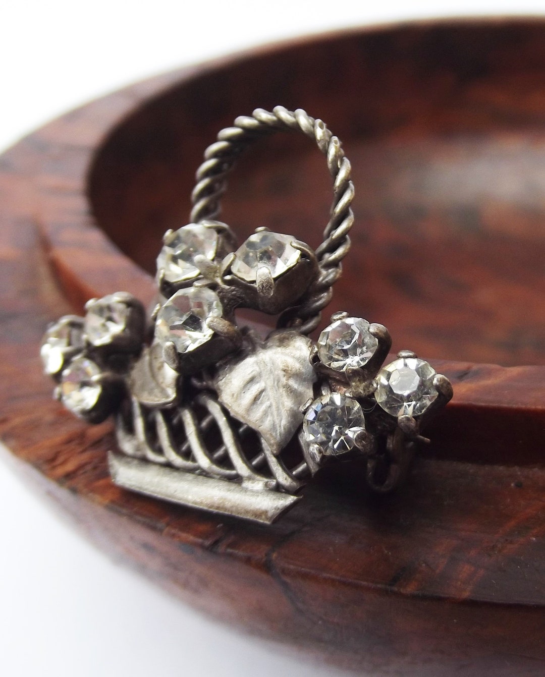 1940s Late Art Deco Flower Basket Brooch, Basket Brooch With Rhinestone ...