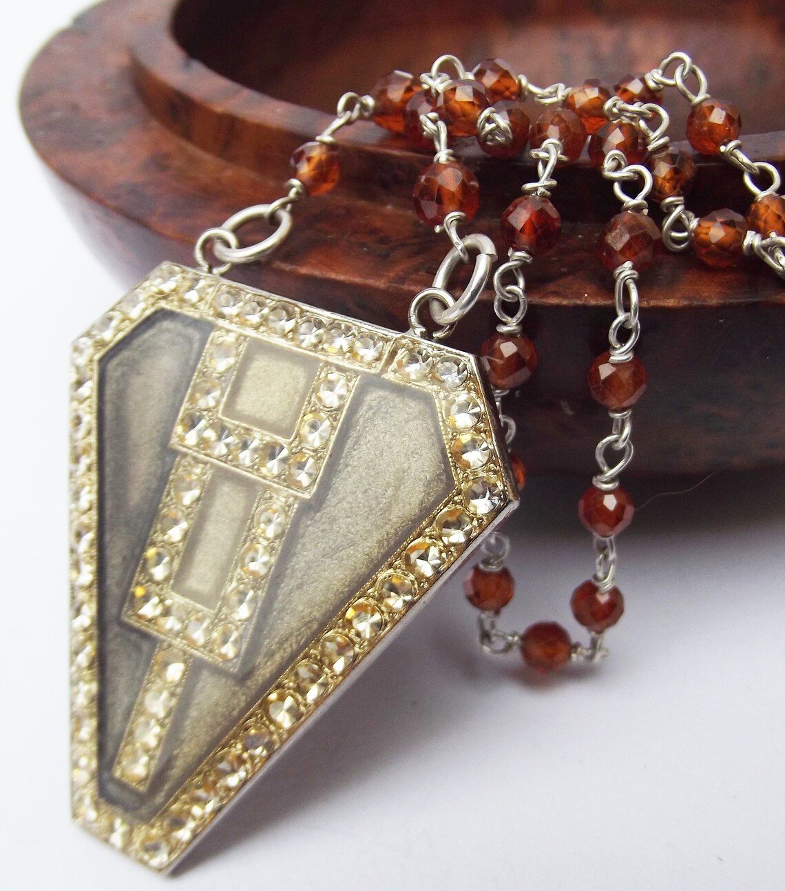 1930s Art Deco Bex Enamel Cream Silver Pendant With Spessartite ...