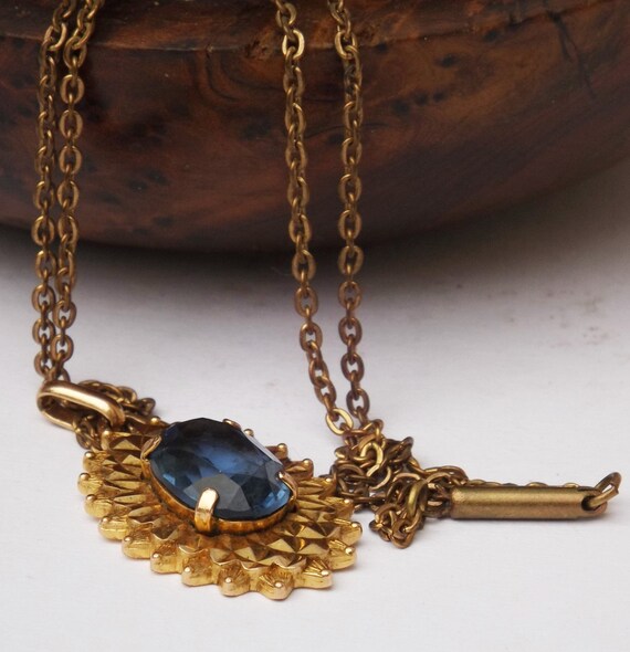 1940s blue crystal sunray pendant, vintage brass crys… - Gem