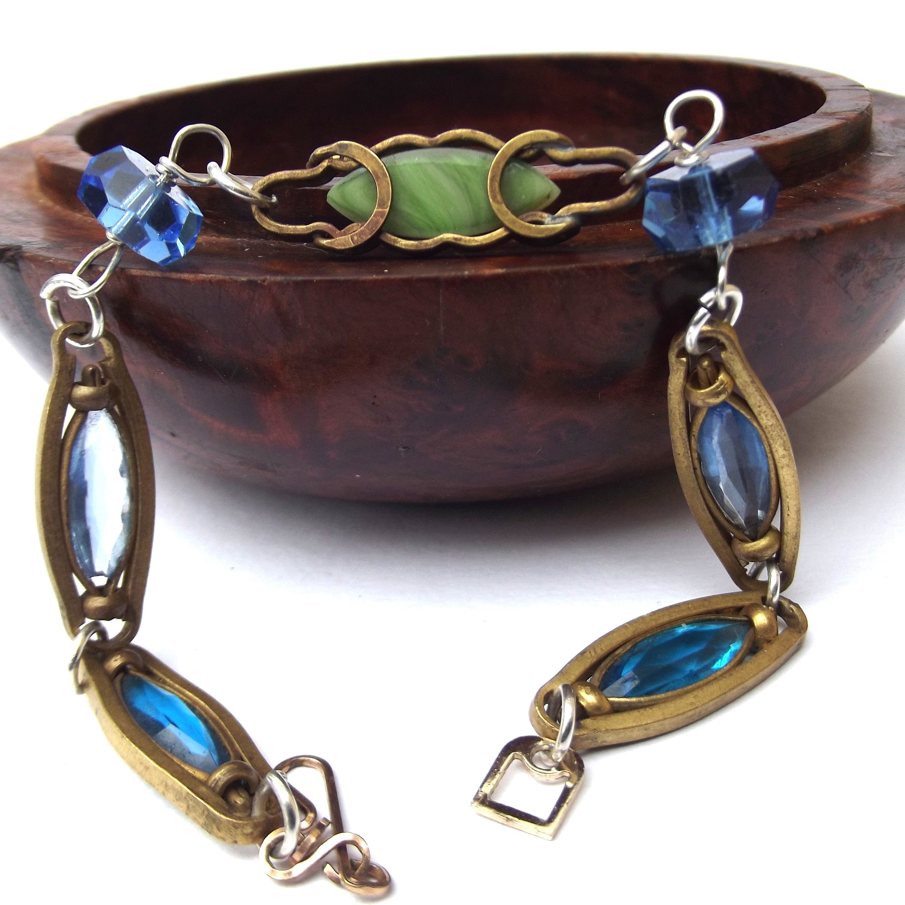 1920s Art Deco Blue Glass Watch Fob Bracelet, Blue Glass Art Deco ...