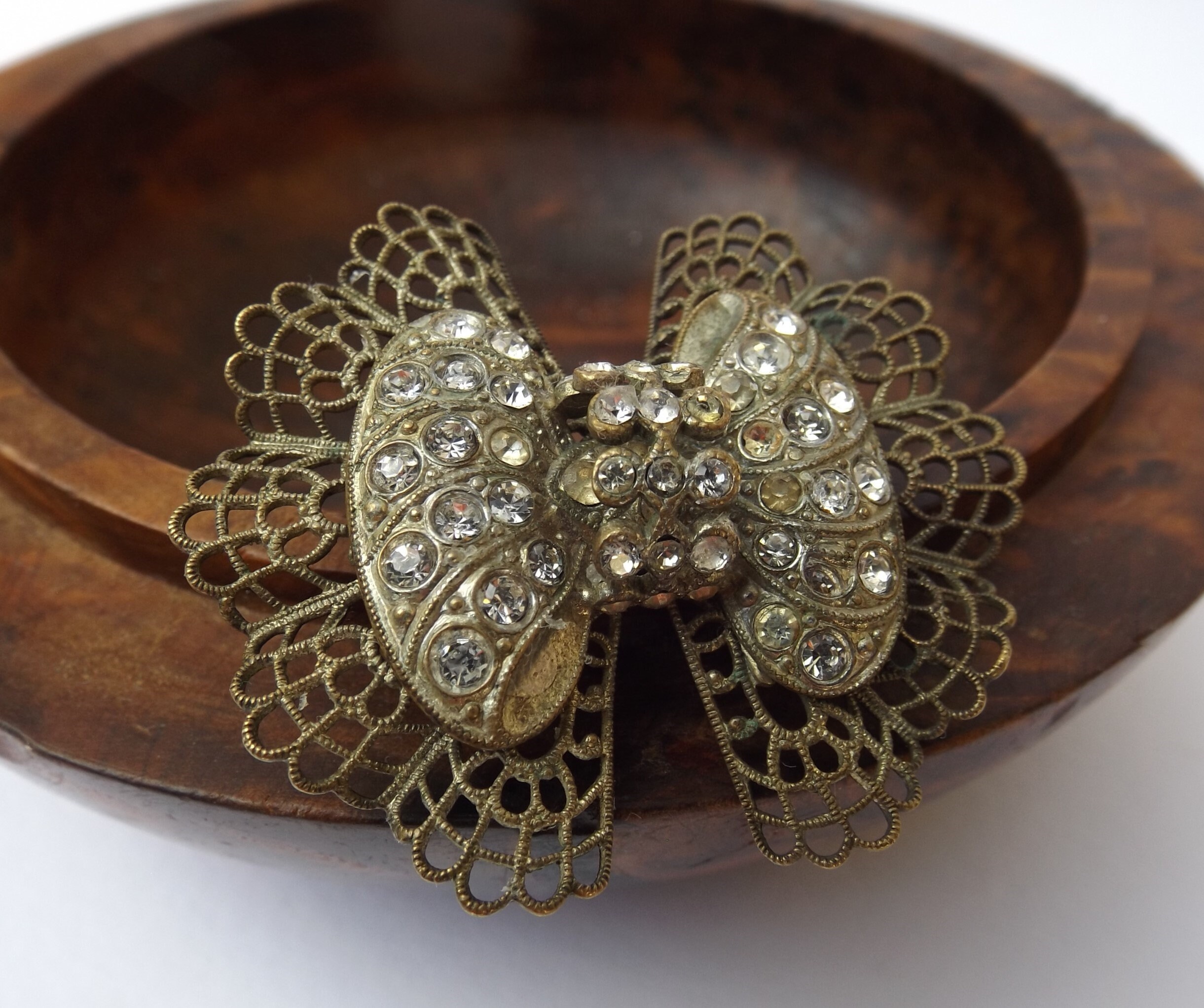 1920s Art Deco Bow Brooch Pin, Brass Rhinestone Bow Brooch Pin, Art ...