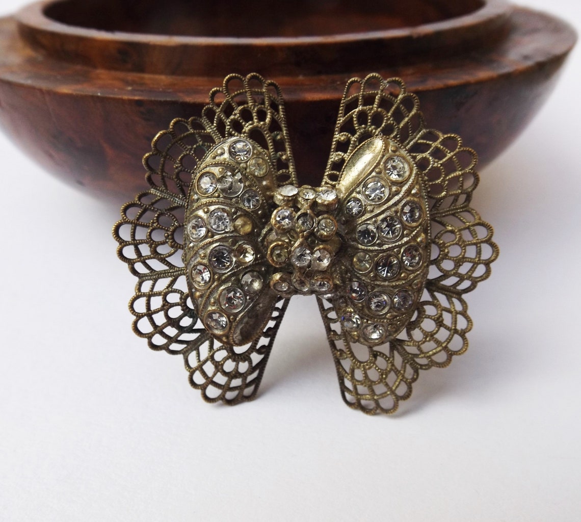 1920s Art Deco Bow Brooch Pin, Brass Rhinestone Bow Brooch Pin, Art ...