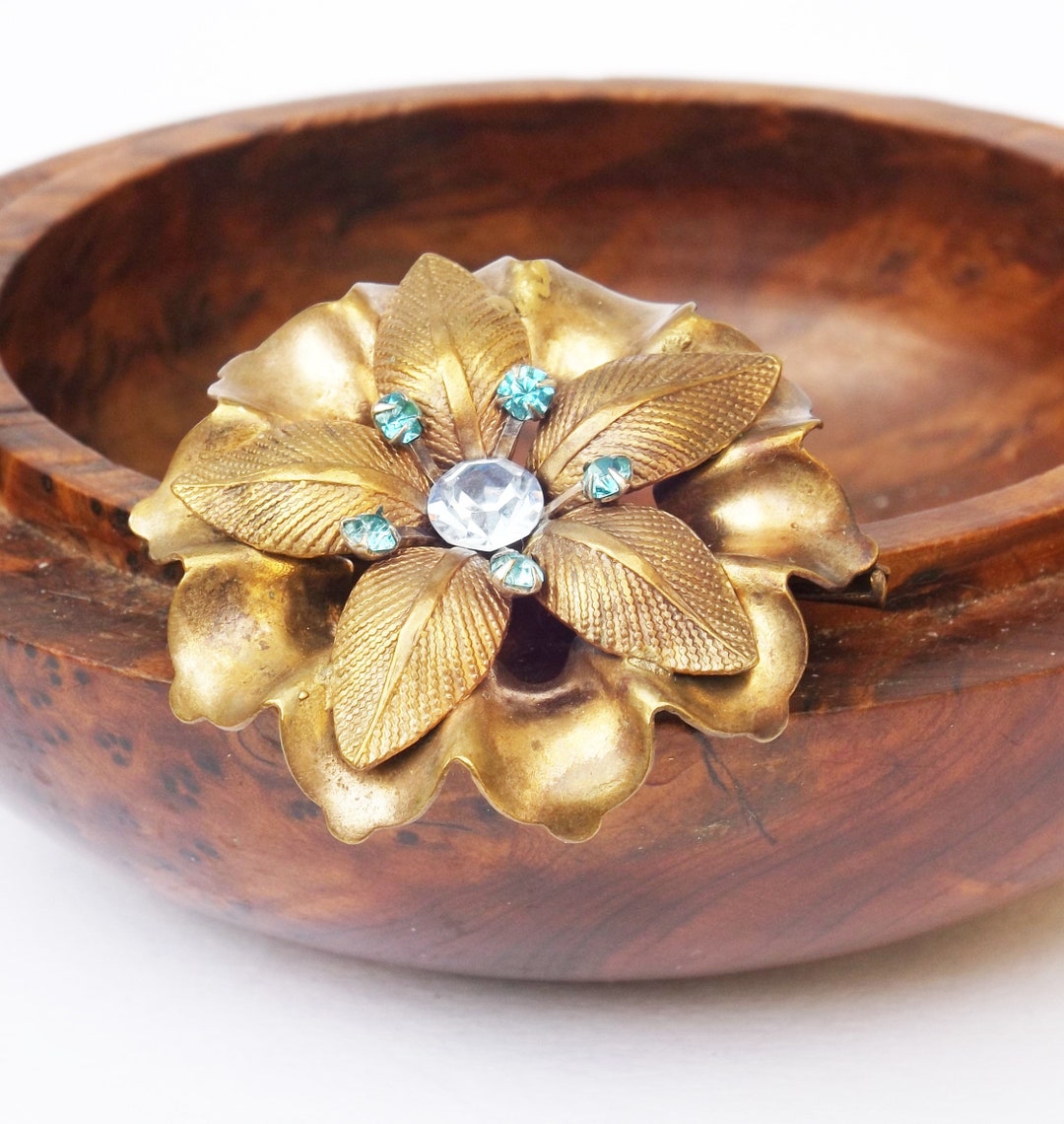 1930s Art Deco Brass Flower Blue Glass Brooch, Brass Glass Rhinestone ...