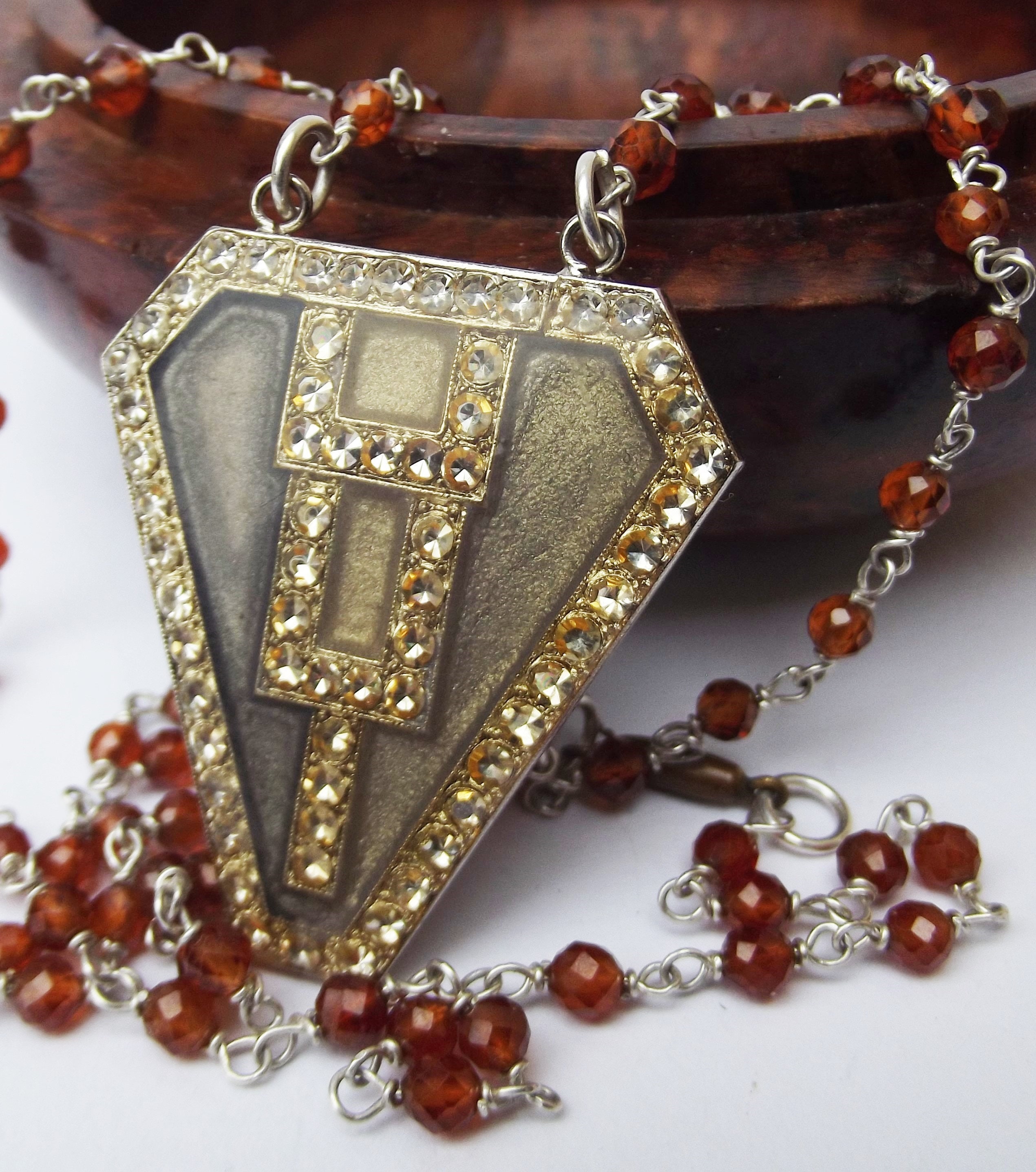 1930s Art Deco Bex Enamel Cream Silver Pendant With Spessartite ...