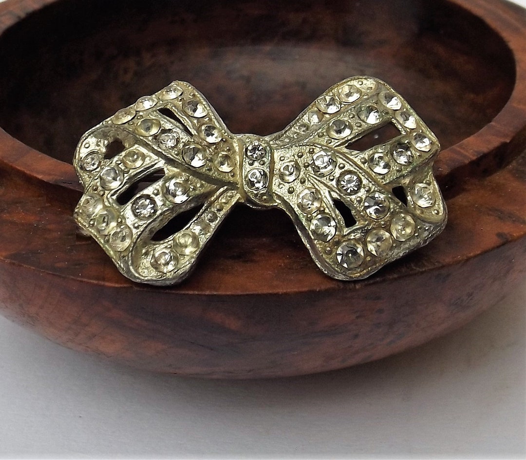1920s Art Deco Heavy Silver Metal Rhinestone Bow Brooch, Art Deco Bow ...