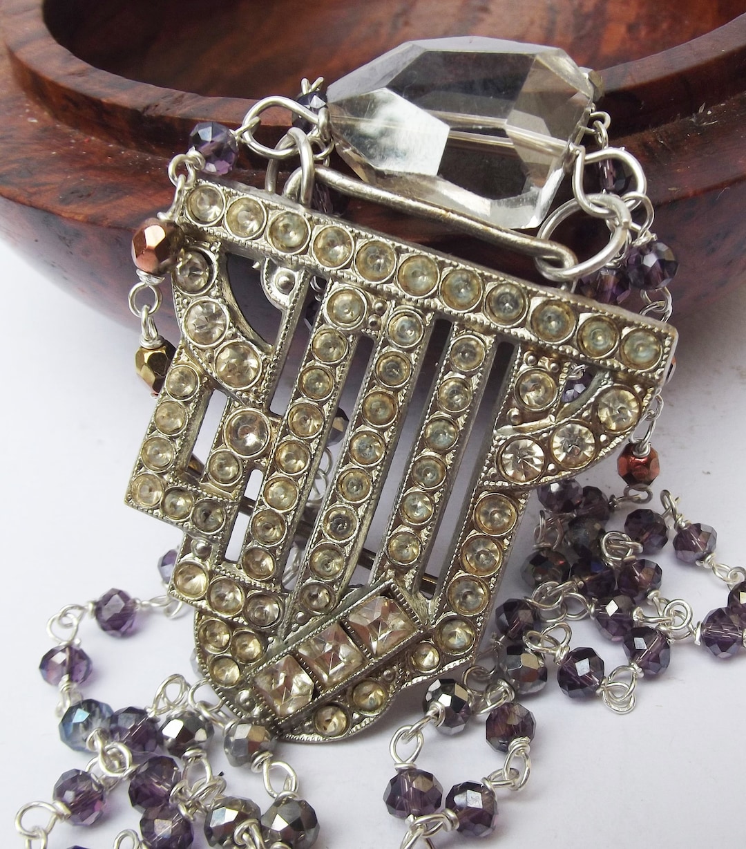 1920s Art Deco Buckle Pendant With Necklace, Rhinestone Buckle Pendant ...