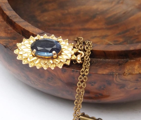 1940s Blue Crystal Pendant: Vintage Brass Sunray Neck… - Gem