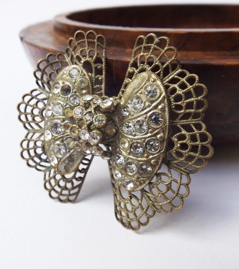 1920s Art Deco Bow Brooch Pin, Brass Rhinestone Bow Brooch Pin, Art ...