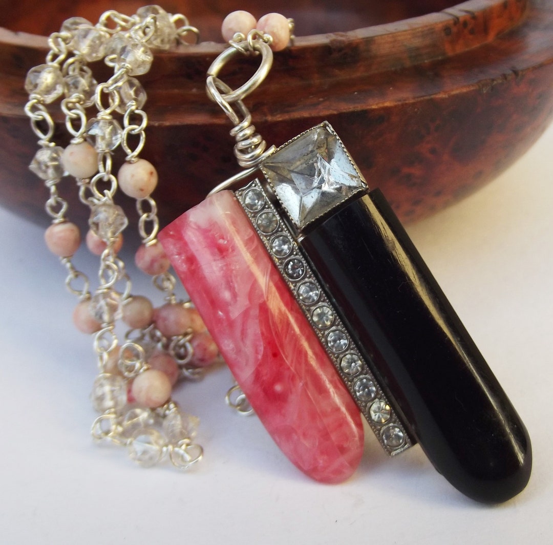 1920s Art Deco Pink Black Rhinestone Half Buckle Pendant Glass Bone ...