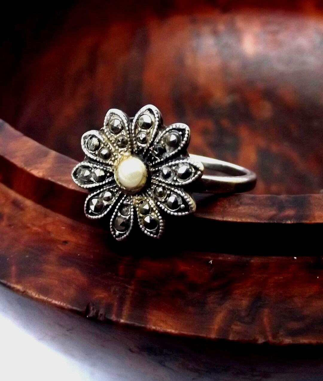 1920s Art Deco Daisy Flower Marcasite Faux Pearl Ring, Antique Flower ...