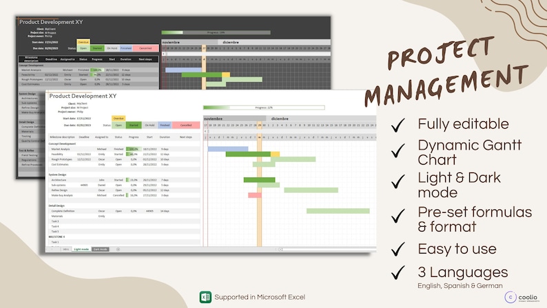 Project Planning and Management Template, Fully Dynamic Gantt Chart for Microsoft Excel ...