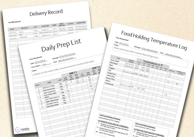 Restaurant & Bar Prep List, Prep Sheet, Temperature Monitoring ...