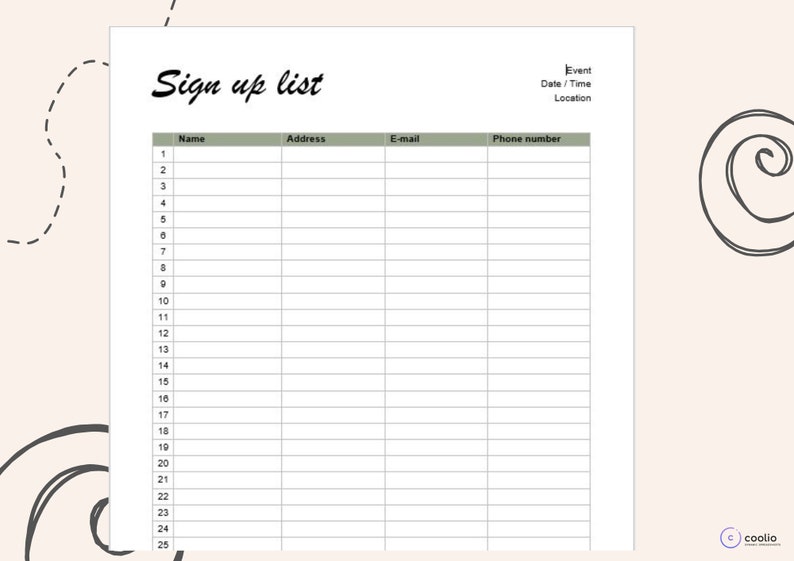 Event Sign up List, Editable Sign up Template, Printable Sign up Sheet ...