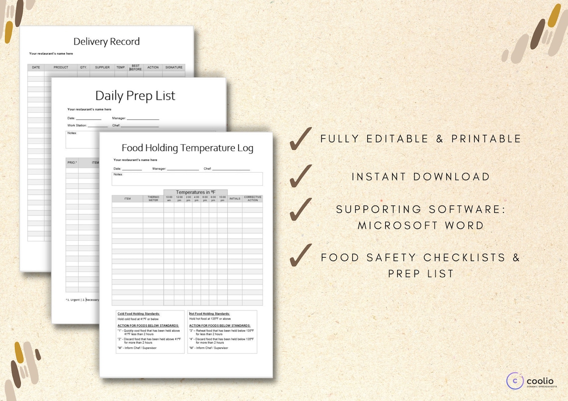 Restaurant & Bar Prep List, Prep Sheet, Temperature Monitoring ...