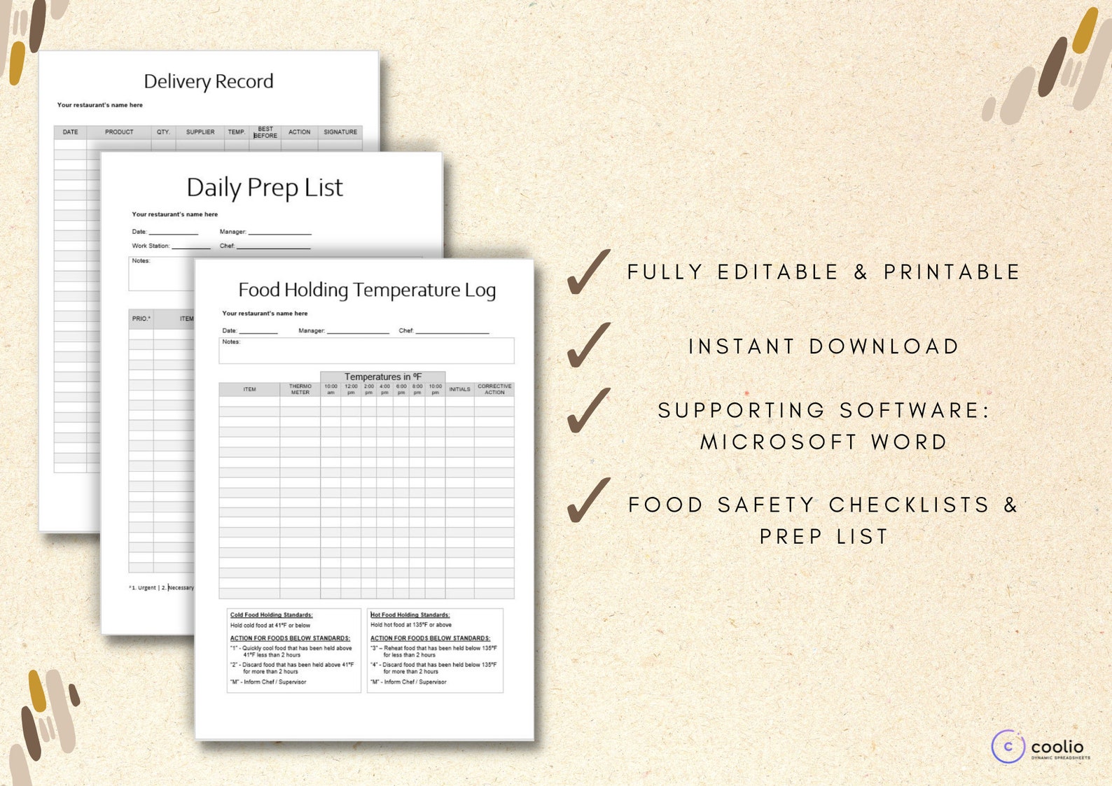 Restaurant & Bar Prep List, Prep Sheet, Temperature Monitoring ...