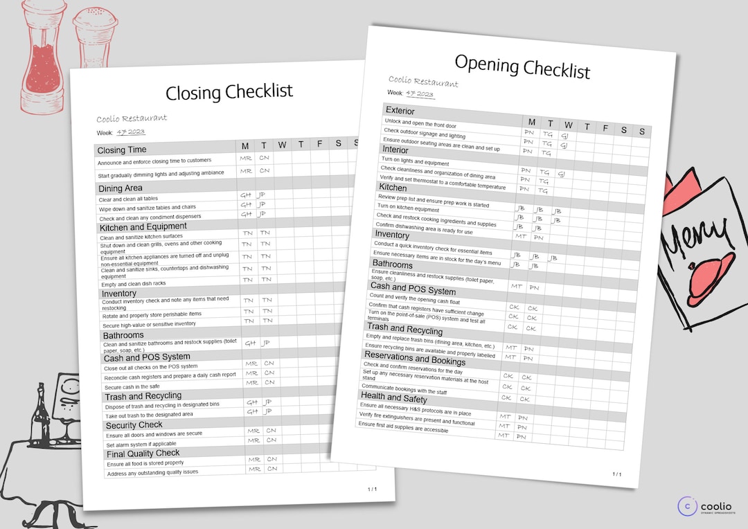 Restaurant Bar & Cafe Checklist for Opening and Closing Shifts - Tasks ...