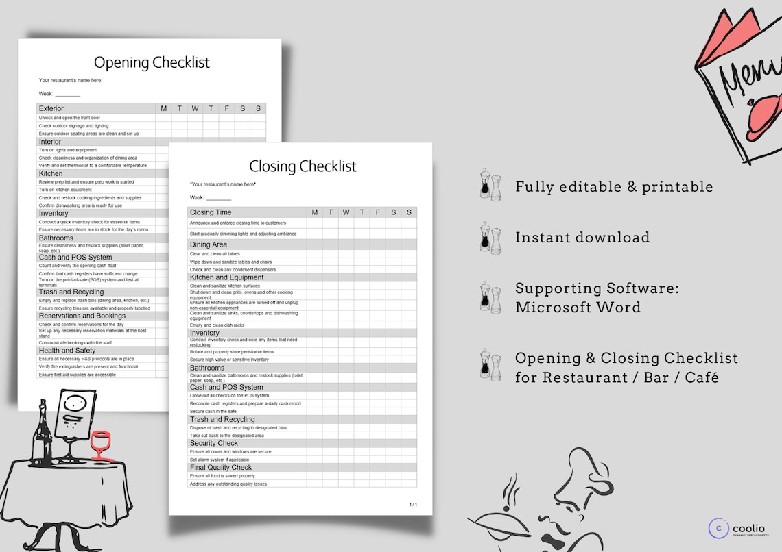 Restaurant Bar & Cafe Checklist for Opening and Closing Shifts - Tasks ...