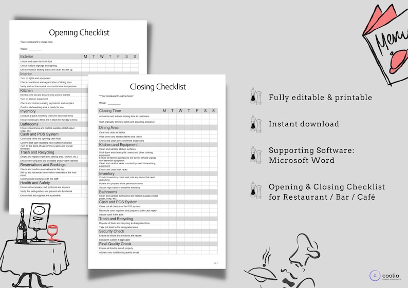 Restaurant Bar & Cafe Checklist for Opening and Closing Shifts - Tasks ...