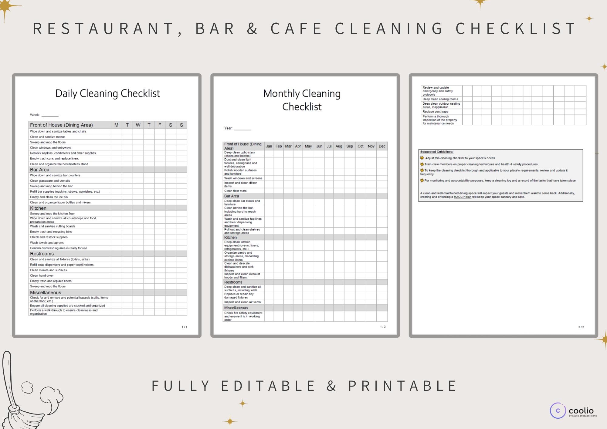 Restaurant, Bar & Café Cleaning Checklist Fully Editable and Printable ...