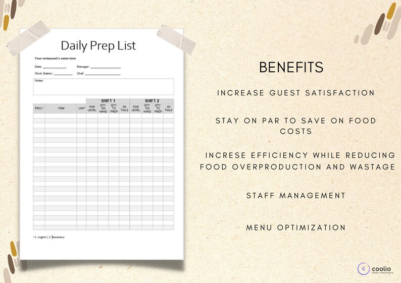 Restaurant & Bar Prep List, Prep Sheet, Temperature Monitoring ...