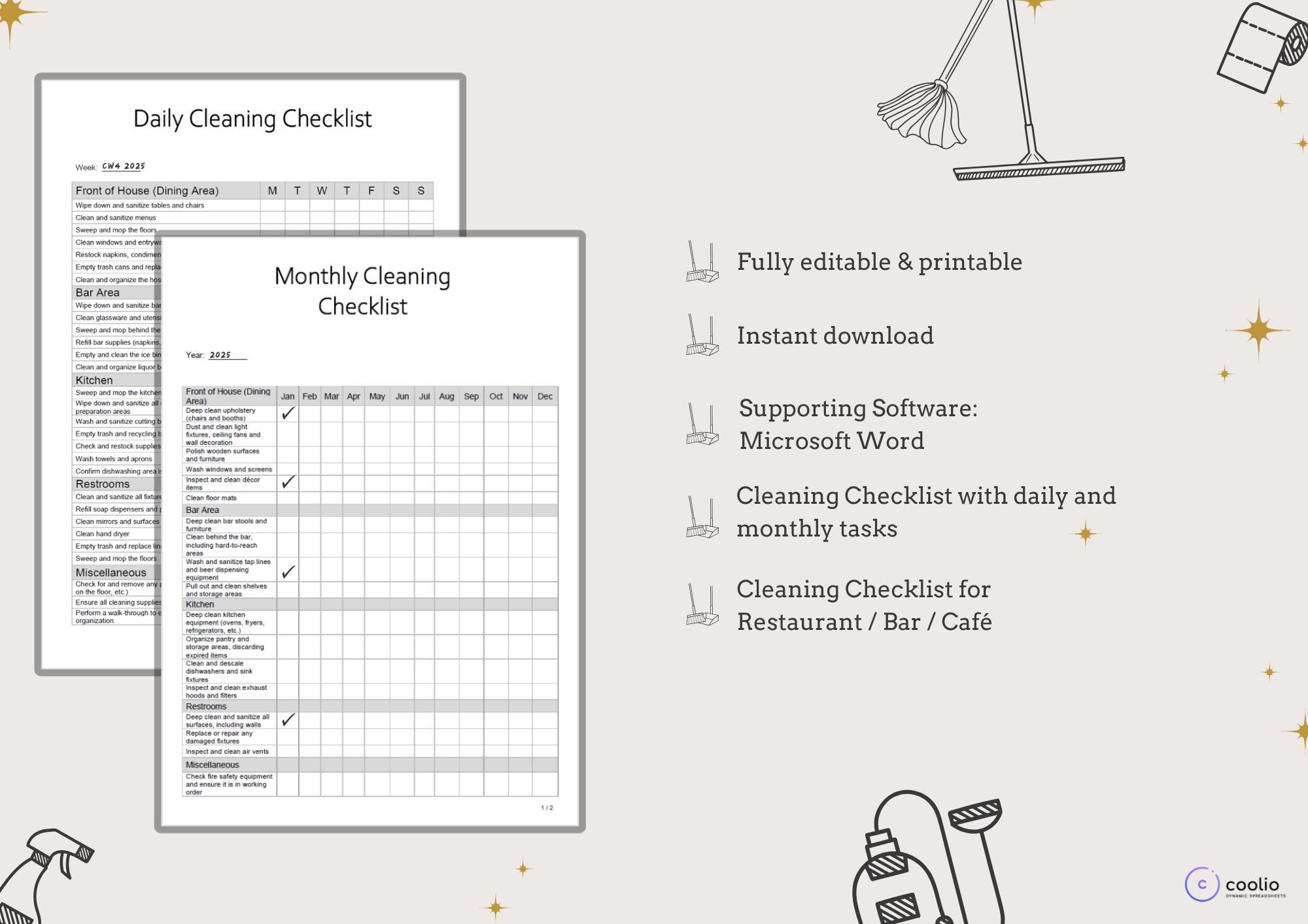 Restaurant, Bar & Café Cleaning Checklist Fully Editable and Printable ...