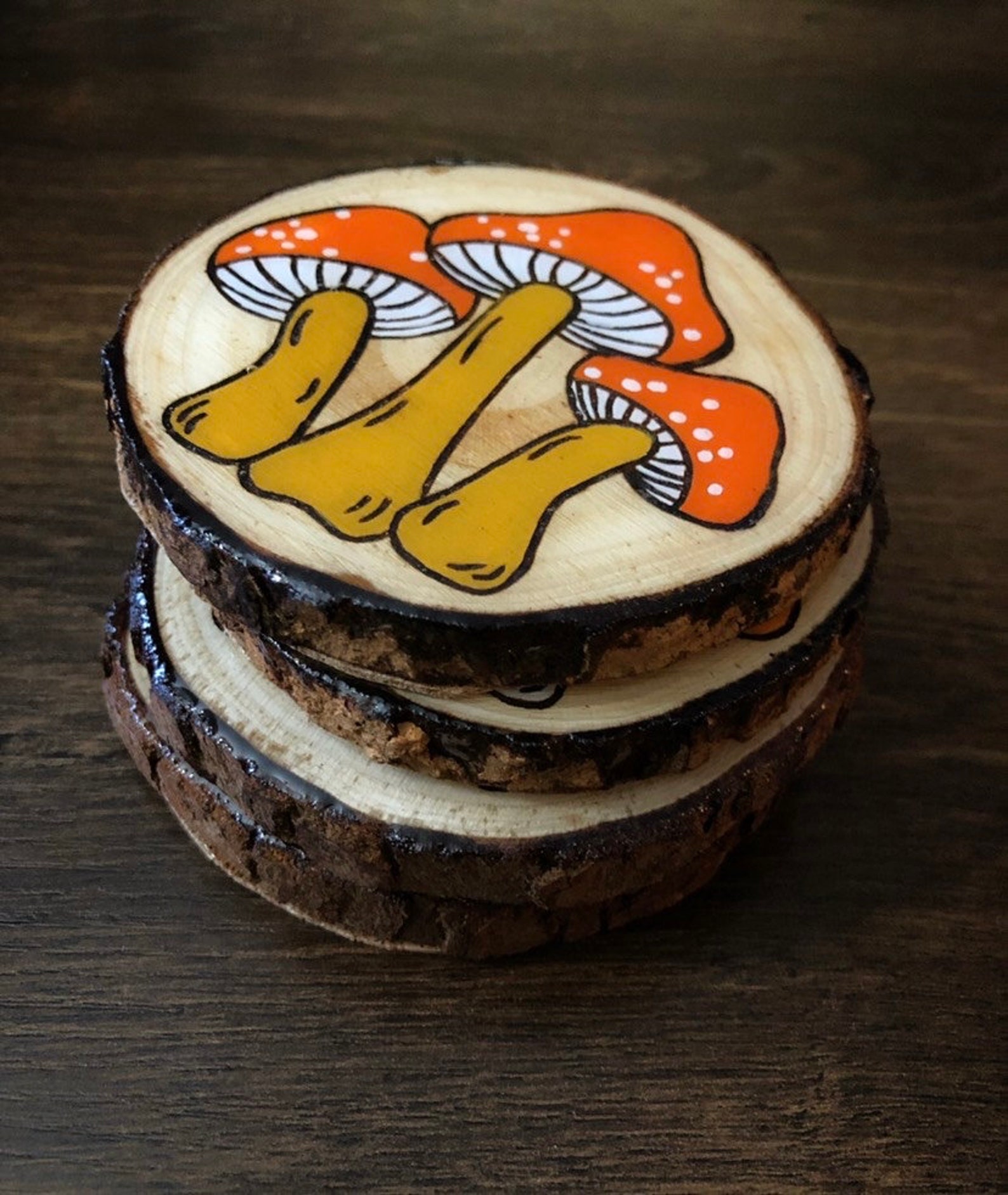 Woodburned Merry Mushroom Coaster Set - Etsy
