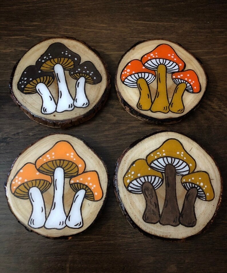 Woodburned Merry Mushroom Coaster Set - Etsy
