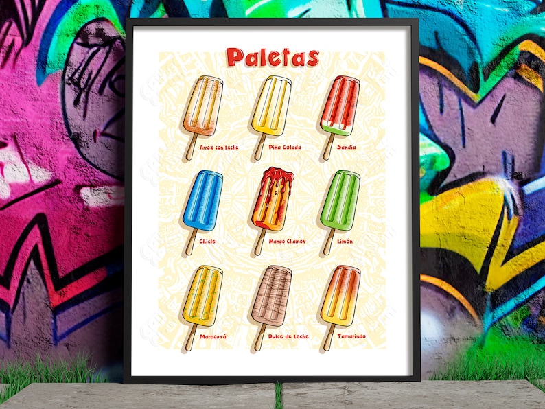 Paletas Popsicles Ice Cream Art, Kitchen Wall Decor, Food Illustration ...