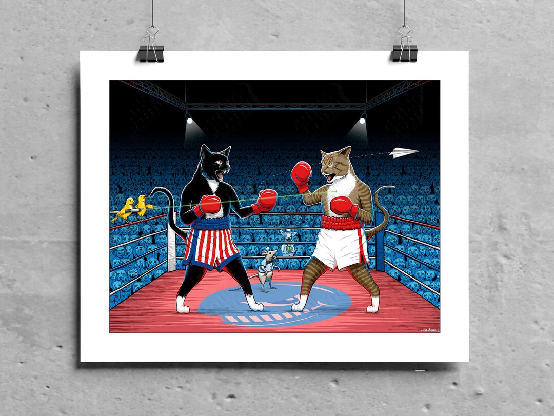 Boxing Cats Art Print, Tuxedo Tabby Wall Decor, Rocky Vs Apollo ...